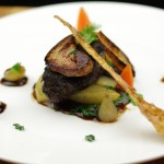 Slow cook ox cheek with foie gras, sauté pear, port and red wine ...